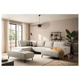 Wohnlandschaft Home Affaire "mit Hocker, TVINNU, moderne U-Form in Cord oder Leinenoptik", hellbeige, B:354cm H:83cm T:193cm, Sofas, Wohnlandschaft, Recamiere rechts/links, stellbar zum Schlafsofa (Krokodilverbinder)