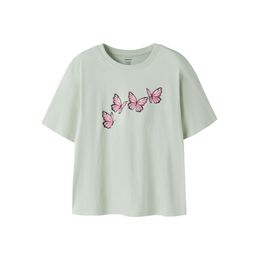 T-Shirt name it "NKFVELDA SS NREG TOP", Jungen, Gr. 134/140, pale aqua print:butterflies, Jersey, Obermaterial: 100% Baumwolle, bedruckt, unifarben, Basic normal, Rundhals, Shirts T-Shirt