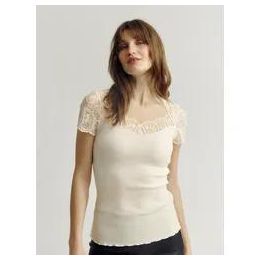 Spitzenshirt rosemunde "Beatha Lace Capsleeve T-Shirt mit Seide", Damen, Gr. M, wollwei&szlig;, Feinstrick, Obermaterial: 55% Seide, 45% Baumwolle, durchscheinend, gebl&uuml;mt, unifarben, eng h&uuml;ftbedeckend, V-Ausschnitt, Spitze, Shirts, wundersch&ouml;ne elastisch weiche Vintage-Spitze an Ausschnitt und &Auml;rmeln