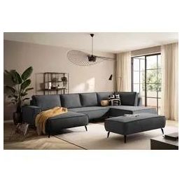 Wohnlandschaft Home Affaire "mit Hocker, TVINNU, moderne U-Form in Cord oder Leinenoptik", anthrazit, B:354cm H:83cm T:193cm, Sofas, Wohnlandschaft, Recamiere rechts/links, stellbar zum Schlafsofa (Krokodilverbinder)