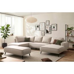 Wohnlandschaft Home Affaire "mit Hocker, TVINNU, moderne U-Form in Cord oder Leinenoptik", hellbeige, B:354cm H:83cm T:193cm, Sofas, Wohnlandschaft, Recamiere rechts/links, stellbar zum Schlafsofa (Krokodilverbinder)