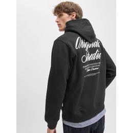 Jack & Jones Kapuzensweatshirt JACK & JONES "JORNORREBRO TYPO BACK SWEAT HOOD SN", Herren, Gr. S, schwarz, angeraute Sweatware, Obermaterial: 89% Baumwolle, 11% Polyester, bedruckt, relaxed fit normal, ohne Ausschnitt, Rippb&uuml;ndchen, Sweatshirts, mit Print