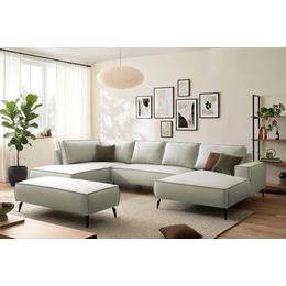 Wohnlandschaft Home Affaire "mit Hocker, TVINNU, moderne U-Form in Cord oder Leinenoptik", hellgr&uuml;n, B:354cm H:83cm T:193cm, Sofas, Wohnlandschaft, Recamiere rechts/links, stellbar zum Schlafsofa (Krokodilverbinder)
