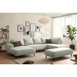 Wohnlandschaft Home Affaire "mit Hocker, TVINNU, moderne U-Form in Cord oder Leinenoptik", hellgr&uuml;n, B:354cm H:83cm T:193cm, Sofas, Wohnlandschaft, Recamiere rechts/links, stellbar zum Schlafsofa (Krokodilverbinder)