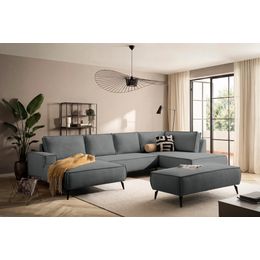 Wohnlandschaft Home Affaire "mit Hocker, TVINNU, moderne U-Form in Cord oder Leinenoptik", dunkelgrau, B:354cm H:83cm T:193cm, Sofas, Wohnlandschaft, Recamiere rechts/links, stellbar zum Schlafsofa (Krokodilverbinder)