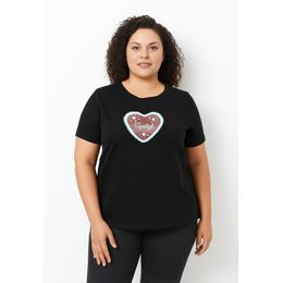 Kurzarmshirt Only CARMAKOMA "CARULRIKA S/S REG TEE JRS", Damen, Gr. S, schwarz (schwarz detail:blau heart front print), Jersey, Obermaterial: 100% Baumwolle, bedruckt, regular fit, Rundhals, Shirts