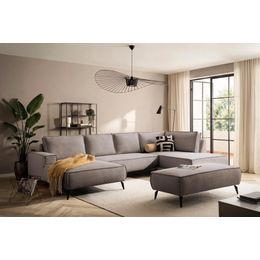 Wohnlandschaft Home Affaire "mit Hocker, TVINNU, moderne U-Form in Cord oder Leinenoptik", hellbraun, B:354cm H:83cm T:193cm, Sofas, Wohnlandschaft, Recamiere rechts/links, stellbar zum Schlafsofa (Krokodilverbinder)