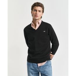 V-Ausschnitt-Pullover Gant "Classic Cotton V-Neck", Herren, Gr. S, schwarz, Strick, Obermaterial: 100% Baumwolle, unifarben, Basic, regular fit h&uuml;ftlang, V-Ausschnitt, elastischer Bund, Pullover, Premium Strickjersey aus weicher 100% Baumwolle, &Uuml;bergangspullover