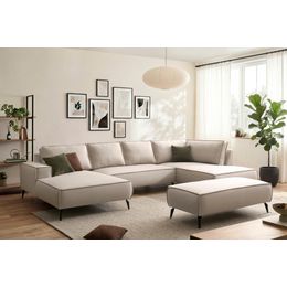 Wohnlandschaft Home Affaire "mit Hocker, TVINNU, moderne U-Form in Cord oder Leinenoptik", hellbeige, B:354cm H:83cm T:193cm, Sofas, Wohnlandschaft, Recamiere rechts/links, stellbar zum Schlafsofa (Krokodilverbinder)