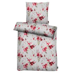Bettw&auml;sche Apelt "Hanami Gots", grau (grau, rot), B/L: 135cm, 1 Stk., 1 Stk., Satin (Bio-Baumwolle), B/L: 80cm x 80cm, 2 Stk., Satin (Bio-Baumwolle), Obermaterial: 100% Baumwolle, Bettw&auml;sche, Bettw&auml;sche, Bl&uuml;tenzweig