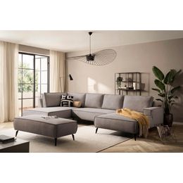 Wohnlandschaft Home Affaire "mit Hocker, TVINNU, moderne U-Form in Cord oder Leinenoptik", hellbraun, B:354cm H:83cm T:193cm, Sofas, Wohnlandschaft, Recamiere rechts/links, stellbar zum Schlafsofa (Krokodilverbinder)