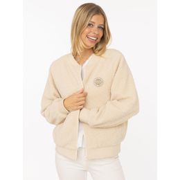Bomberjacke Zwillingsherz "Good Vibes", Damen, Gr. L, hellbeige, Boucl&eacute;, Obermaterial: 100% Polyester, unifarben, taillenbedeckt, ohne Ausschnitt, Rippb&uuml;ndchen, Jacken Bomberjacke, gro&szlig;e Herzen auf dem R&uuml;cken
