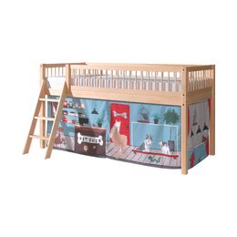 Vipack FAGUS halbhohes Bett 90 x 200 cm, inkl. Lattenrost, mit Textilset "Pet Shop", Ausf. Buche massiv natur