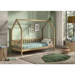 Vipack CABANE Hausbett 90x200 cm und seitlicher Umrandung, Eiche massiv Eiche natur