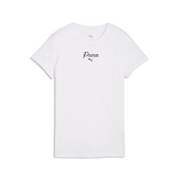 T-Shirt Puma "Essentials Script T-Shirt Damen", Damen, Gr. L, wei&szlig;, Obermaterial: 100% Baumwolle. Rippe: 20% Polyester, 80% Baumwolle, bedruckt, regular fit, Rundhals, Shirts T-Shirt