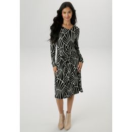 Jerseykleid Aniston SELECTED, Damen, Gr. 36, N-Gr, schwarz (schwarz, beige), Jersey, Obermaterial: 95% Viskose, 5% Elasthan, bedruckt, gemustert, figurumspielend knieumspielend, Rundhals, Kleider Jerseykleid, im grafischen Musterdessin und gerafftem Taillenbund