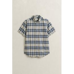 Kurzarmhemd Gant "REGULAR INDIAN MADRAS CHECK", Herren, Gr. L, N-Gr, faded denim, Web, Obermaterial: 100% Baumwolle, kariert, regular fit normal, Rundhals, eingesetzt abgesteppte Kante, Hemden, Regular fit mit Button-Down-Kragen
