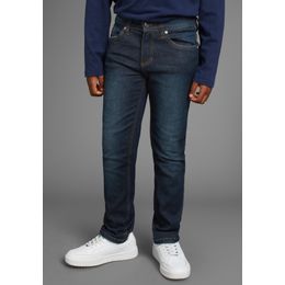 Stretch-Jeans DELMAO "Straight-fit Jeans f&uuml;r Jungen", Jungen, Gr. 170, N-Gr, blau (schwarz denim), Denim/Jeans, Obermaterial: 58% Baumwolle, 40% Polyester, 2% Elasthan, comfort fit lang, Jeans, elastisches Material, Used-Look-Waschung, niedrige Leibh&ouml;he