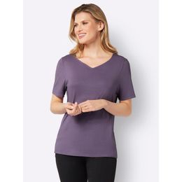 Kurzarmshirt Classic Basics "Kurzarm-Shirt", Damen, Gr. 40, lila (feige), 95% Viskose, 5% Elasthan, unifarben, herzf&ouml;rmiger Ausschnitt, Shirts