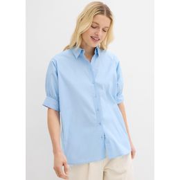 bonprix Oversize-Bluse, blau, Gr.50, Oversize Bluse mit Knopfleiste vorne und Puff&auml;rmeln, 97% Baumwolle
