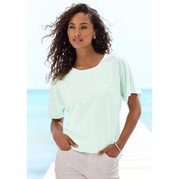 T-Shirt Lascana "mit Strasssteinen", Damen, Gr. 32/34, mint, Single Jersey, Obermaterial: 50% Baumwolle, 50% Viskose (LENZING&trade; ECOVERO&trade;), Glitzermuster, l&auml;ssig geschnitten normal, Rundhals, angeschnitten abgesteppte Kante, Shirts T-Shirt, aus angenehmer Baumwoll-Viskose-Qualit&auml;t