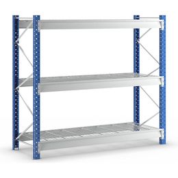 Manorga Schwerlast-Gro&szlig;fachregal mit Drahtgitterauflagen, Rahmenfarbe Blau, HxBxT 2496 x 2860 x 1000 mm, Grundregal