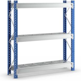 Manorga Schwerlast-Gro&szlig;fachregal mit Drahtgitterauflagen, Rahmenfarbe Blau, HxBxT 2496 x 2410 x 600 mm, Grundregal