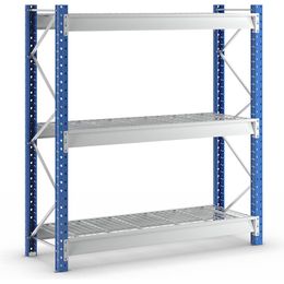 Manorga Schwerlast-Gro&szlig;fachregal mit Drahtgitterauflagen, Rahmenfarbe Blau, HxBxT 2496 x 2410 x 800 mm, Grundregal