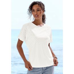 T-Shirt Lascana "mit Strasssteinen", Damen, Gr. 44/46, creme, Single Jersey, Obermaterial: 50% Baumwolle, 50% Viskose (LENZING&trade; ECOVERO&trade;), Glitzermuster, l&auml;ssig geschnitten normal, Rundhals, angeschnitten abgesteppte Kante, Shirts T-Shirt, aus angenehmer Baumwoll-Viskose-Qualit&auml;t