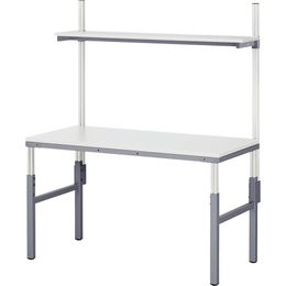 Rau Arbeitsplatz-System, manuell h&ouml;henverstellbar von 650 - 1000 mm, Grundtisch mit Etagenbord, BxT 1500 x 500 mm