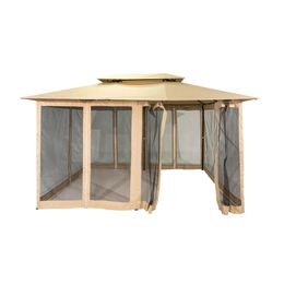 Moskitonetz-Wand f&uuml;r Comfort Gartenpavillon | beige, Laschen kaffeebraun, 6 St&uuml;ck