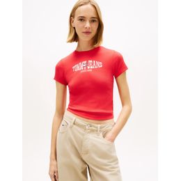 Kurzarmshirt Tommy Jeans "TJW SLIM SHORT WAVY FLAG SS TEE", Damen, Gr. M (38), rot alert, Feinripp, Obermaterial: 95% Baumwolle, 5% Elasthan, bedruckt, unifarben, slim fit taillenbedeckt, Rundhals, Shirts, mit Logoprint