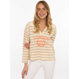 Langarmshirt Zwillingsherz "London", Damen, beige, Jersey, Obermaterial: 100% Baumwolle, gestreift, mehrfarbig, bequem h&uuml;ftbedeckend, V-Ausschnitt, gerader Abschluss, Shirts Langarmshirt, gestreift, Polokragen, Aufdruck