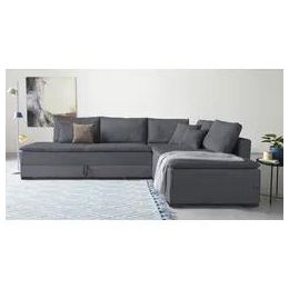 Ecksofa Home Affaire "Night & Day L-Form, B: 321 cm, mit Dauer-Schlaffunktion 180x200 cm", grau (anthrazit), B:321cm T:218cm, 100% Polyester, Sofas, Ecksofa, Bettfunktion, Bettkasten, Topper & 3 Zierkissen, Boxspringbett in Cord, Topseller