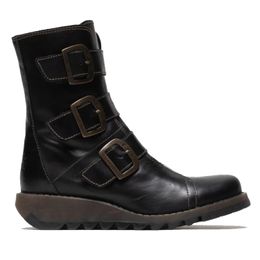 Fly London Damen SCOP110 Chelsea-Bikerstiefel aus Leder mit Kn&ouml;chelriemen und Rei&szlig;verschluss, Schwarz