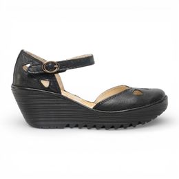 Fly London Damen-Keilsandalen &bdquo;Yuna&ldquo; aus schwarzem Leder