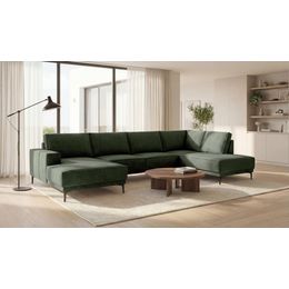 Wohnlandschaft OTTO HOME "XXL Sofa Oland, Struktur, Flachgewebe, Luxus-Microfaser, Boucle", gr&uuml;n, B:345cm H:85cm T:210cm, 100% Polyester, Sofas, Wohnlandschaft, U-Form, 345 cm, Wellenunterfederung, Skandi-Design, Metallf&uuml;&szlig;e