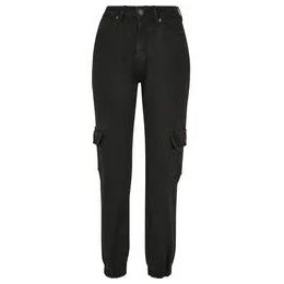 Stoffhose Urban Classics "Urban Classics Damen Ladies Organic Stretch Denim Cargo Pants", Damen, Gr. 29, Normalgr&ouml;&szlig;en, schwarzwashed, 50% Baumwolle (Bio), 48% Baumwolle, 2% Elasthan, unifarben, loose fit, Hosen Stoffhose