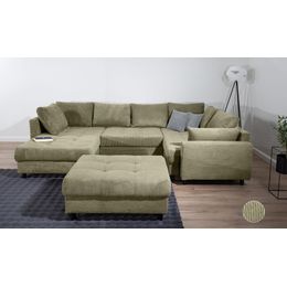 Wohnlandschaft Collection AB "Toni U-Form, B: 298 cm", olive, B:298cm H:44cm T:203cm, 100%Polyester, Sofas, Wohnlandschaft, Set: Sofa & Hocker, 2 Zierkissen, Federkern