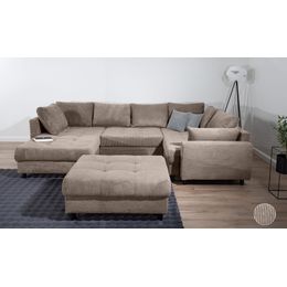 Wohnlandschaft Collection AB "Toni U-Form, B: 298 cm", taupe, B:298cm H:44cm T:203cm, 100%Polyester, Sofas, Wohnlandschaft, Set: Sofa & Hocker, 2 Zierkissen, Federkern