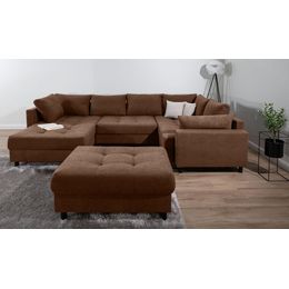 Wohnlandschaft Collection AB "Toni U-Form, B: 298 cm", kaffeebraun, B:298cm H:44cm T:203cm, 100%Polyester, Sofas, Wohnlandschaft, Set: Sofa & Hocker, 2 Zierkissen, Federkern