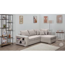 Ecksofa Collection AB "John L-Form, B: 226 cm", beige, B:226cm H:80cm T:160cm, 100%Polyester, Sofas, Ecksofa, Bettfunktion, Bettkasten, Regalelement & 2 Zierkissen