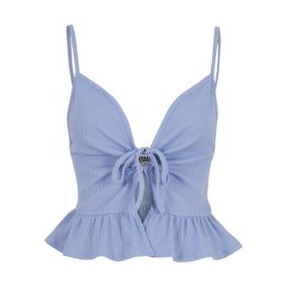 Tanktop Urban Classics "Urban Classics Damen Ladies Waffle Pique Ruffle Top", Damen, Gr. M, powderblau, 65% Baumwolle, 35% Polyester, unifarben, skinny fit, Tops Tanktop