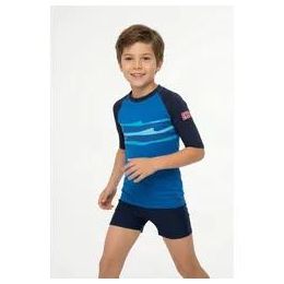 T-Shirt Trollkids "KIDS HAUKLAND T", M&auml;dchen, Gr. 128, navy, glow blau, Obermaterial: 92% Polyester, 8% Elasthan, Shirts T-Shirt, k&ouml;rpernaher Schnitt, kurze &Auml;rmel, mit Lichtschutzfaktor 50+