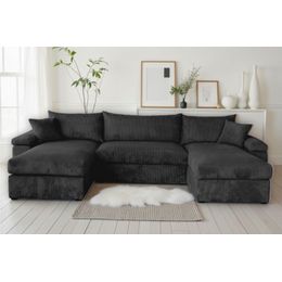 Wohnlandschaft OTTO HOME "Cosy U-Form, B: 309 cm, Sitzaufbau im Sandwich-Federkern", anthrazit, B:309cm H:46cm T:162cm, 100%Polyester, Sofas, Wohnlandschaft, 2 Zierkissen, Mega-Sofa, Cord oder Struktur weich, Kaltschaumauflage