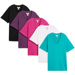 Longshirt bonprix "Weites Long-Shirt mit V-Ausschnitt, Kurzarm (5er Pack)", Damen, Gr. 36/38 (S), smaragd, weinbeere, mittelfuchsia, wei&szlig;, schwarz, Jersey, Obermaterial: 100% Baumwolle, mehrfarbig, unifarben, loose fit normal, V-Ausschnitt, gerader Abschluss, Shirts Longshirt, lockere Passform, Kurzarm, mit V-Ausschnitt, unifarben