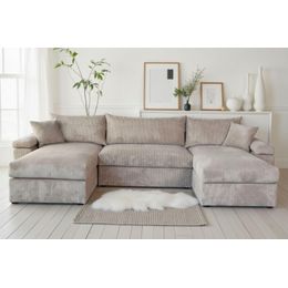 Wohnlandschaft OTTO HOME "Cosy U-Form, B: 309 cm, Sitzaufbau im Sandwich-Federkern", beige, B:309cm H:46cm T:162cm, 100%Polyester, Sofas, Wohnlandschaft, 2 Zierkissen, Mega-Sofa, Cord oder Struktur weich, Kaltschaumauflage