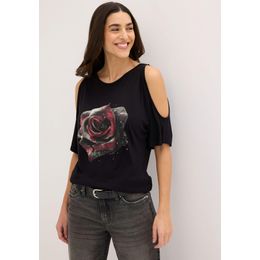 T-Shirt bonprix "Cold-Shoulder-Shirt aus Viskose", Damen, Gr. 40/42 (M), schwarz (schwarz, grau floral), Obermaterial: 100% Viskose, l&auml;ssig geschnitten, Shirts T-Shirt, Cold-Shoulder-Design, Halbarm, l&auml;ssige Passform, mit Blumen-Print