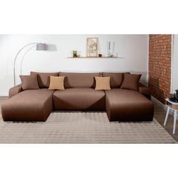 Wohnlandschaft Collection AB "Paola U-Form, B: 314 cm", braun, B:314cm H:41cm T:169cm, 100%Polyester, Sofas, Wohnlandschaft, Bettfunktion, Bettkasten & 4 Zierkissen, Federkern, Topseller