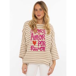Streifenpullover Zwillingsherz "More Amor Por Favor ", Damen, rosa, Feinstrick, Obermaterial: 100% Baumwolle, bedruckt, gestreift, mehrfarbig, bequem Po-bedeckend, Rundhals, angeschnitten gerader Abschluss, Pullover Streifenpullover, gestreift, Rundhals, gro&szlig;e Aufschrift